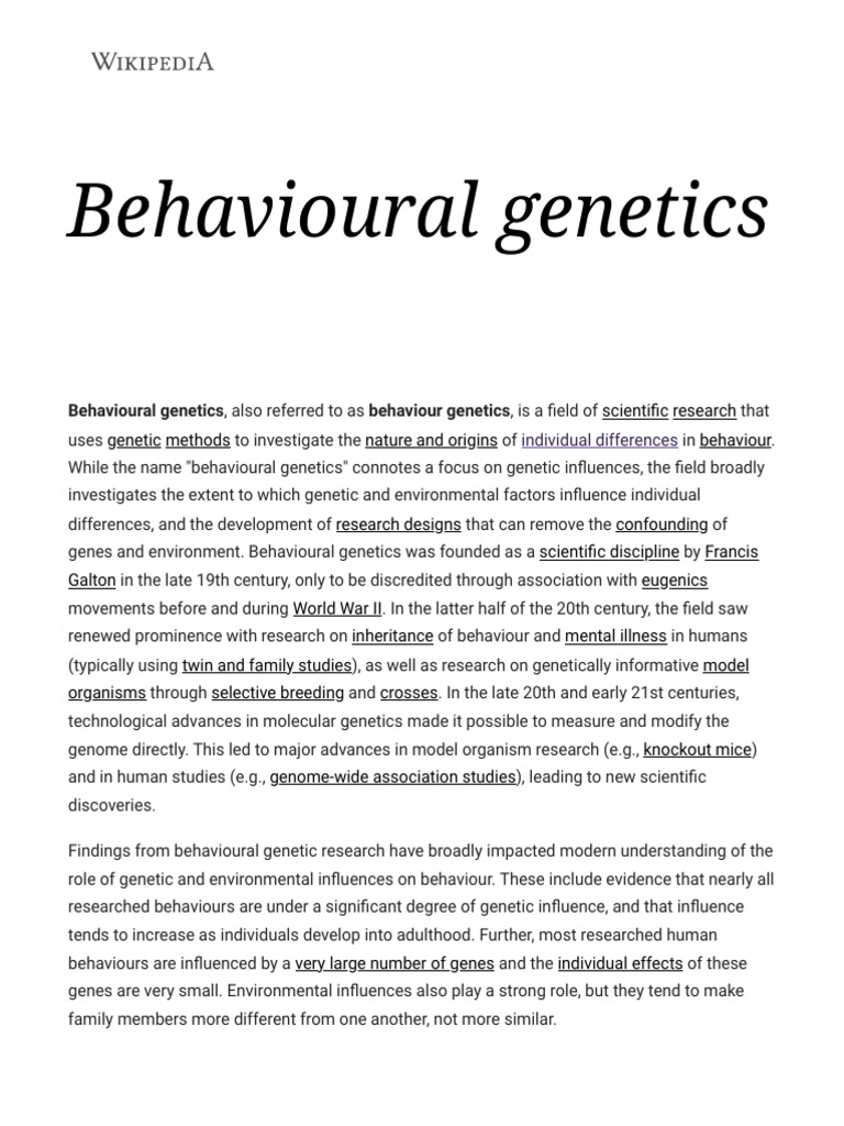 Behavioural Genetics - Wikipedia (1) | PDF | Heritability | Single ...