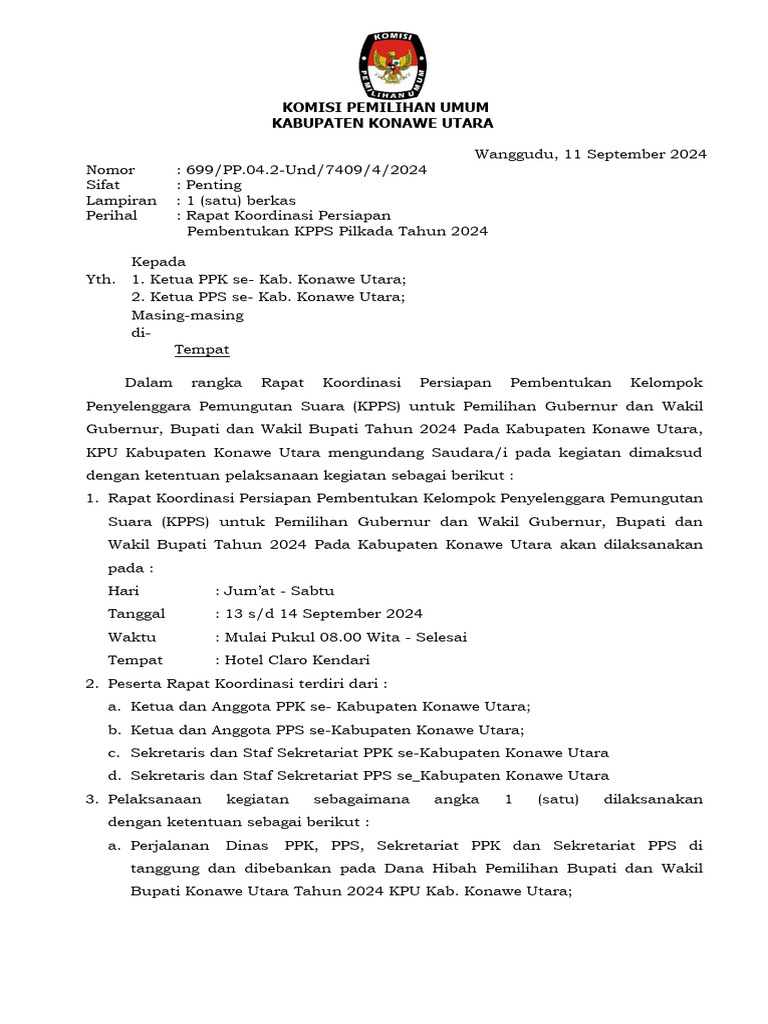 Undangan Rakor Pembentukan KPPS (PPK - PPS) - Pilkada 2024 | PDF