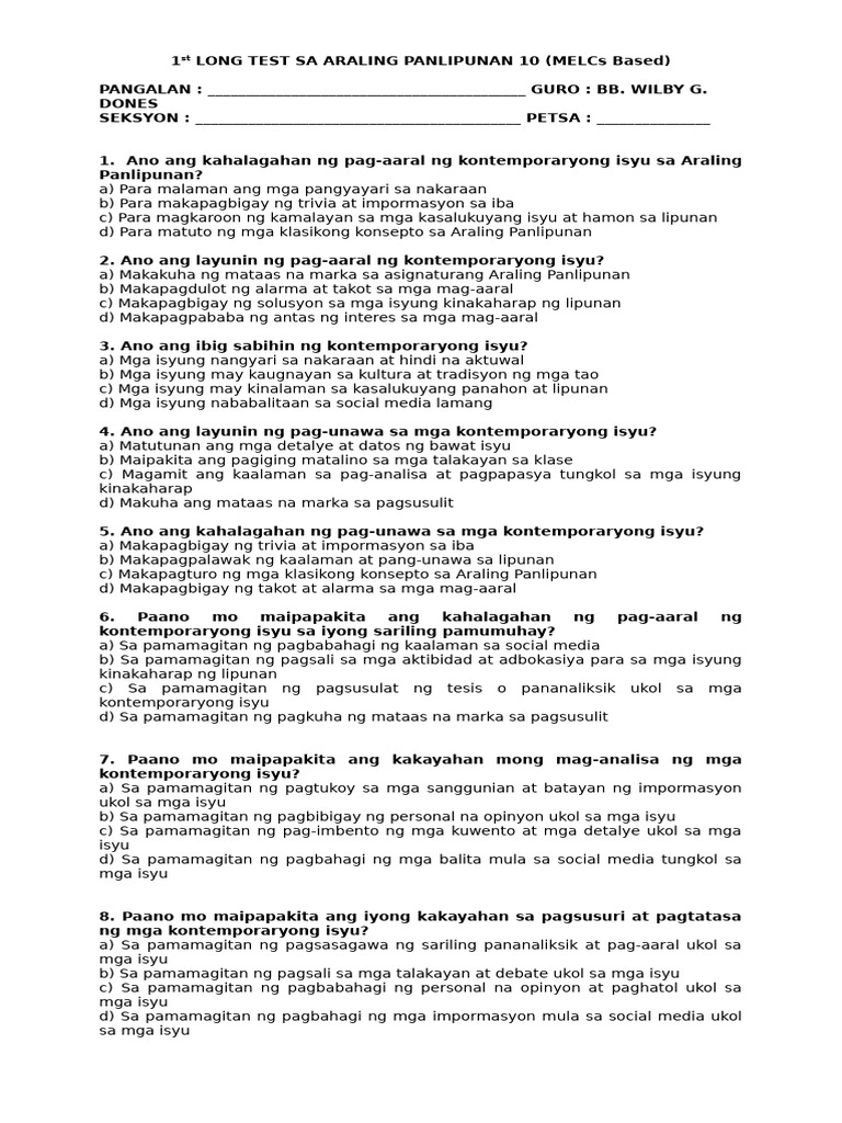 Ap10 1ST Quarter Long Test Revised - 2024 - 2025 | PDF