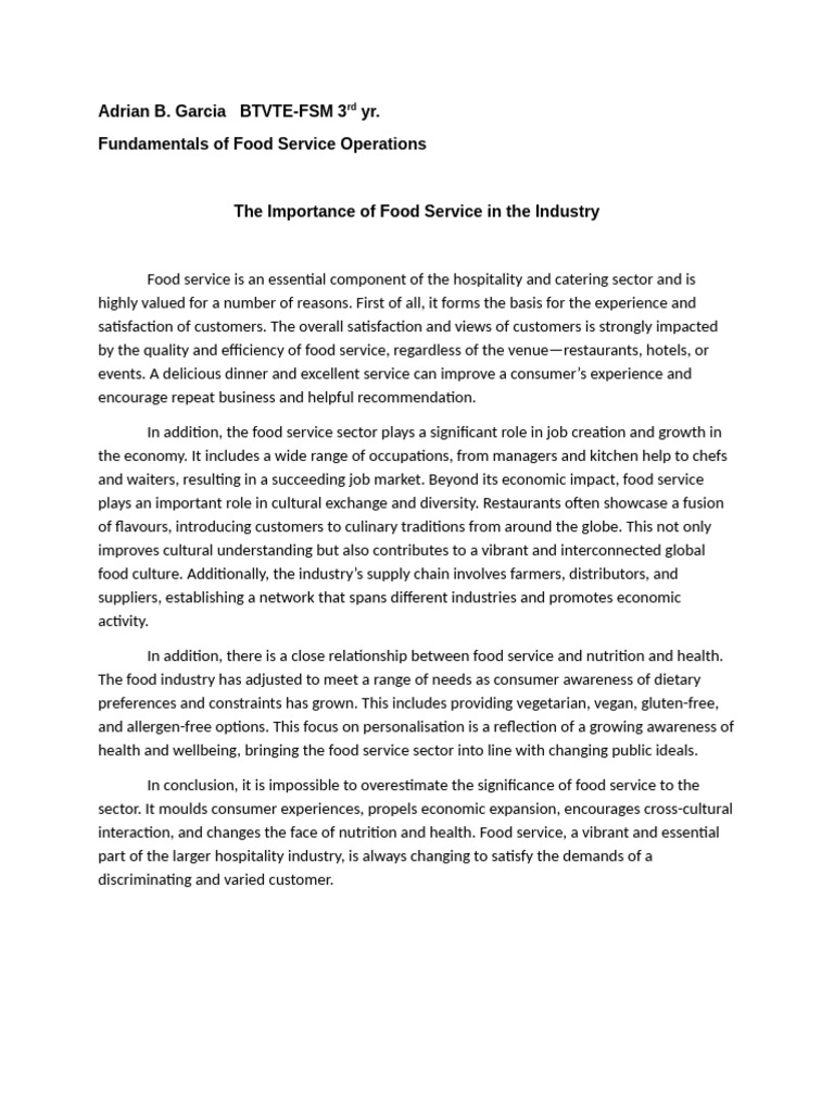 Importance of Food Service Industry | PDF