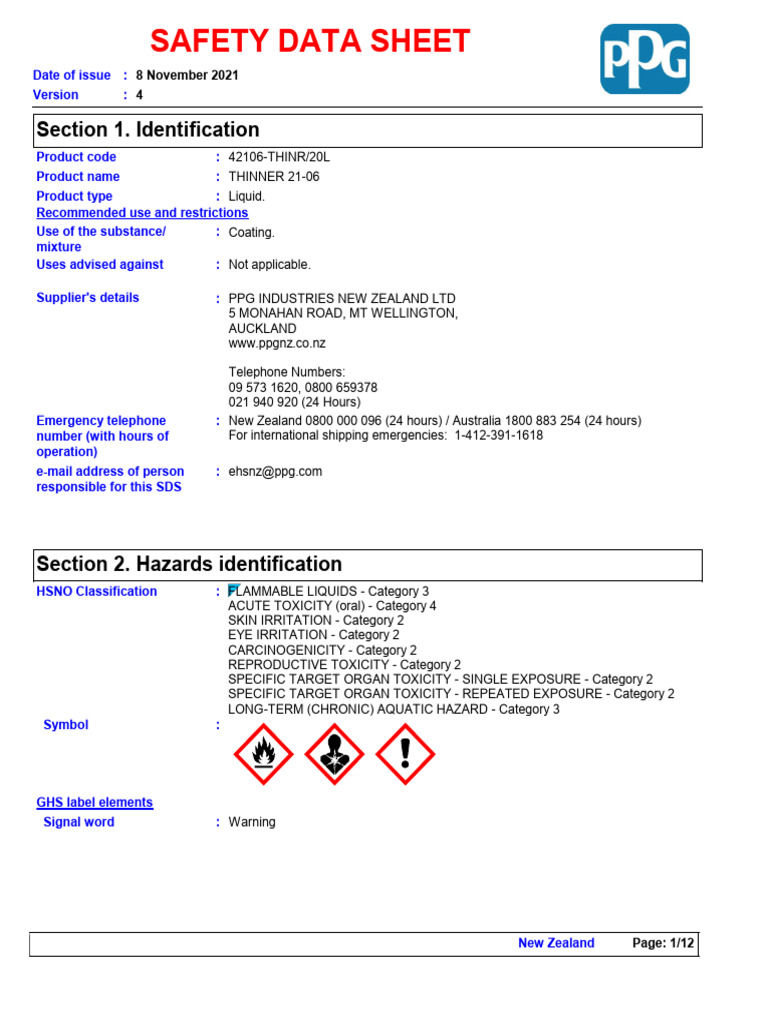 PPG - Thinner-21-06 (AM 65) | PDF | Toxicity | Occupational Safety And Health