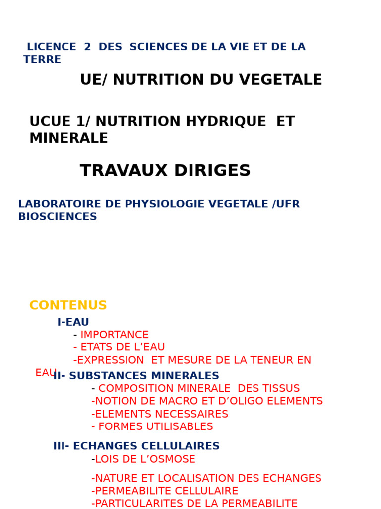 TD L2SVT Nutrition Hydrique Et Minérale - PPTX (Enregistrement Automatique) | PDF | Osmose | Vacuole