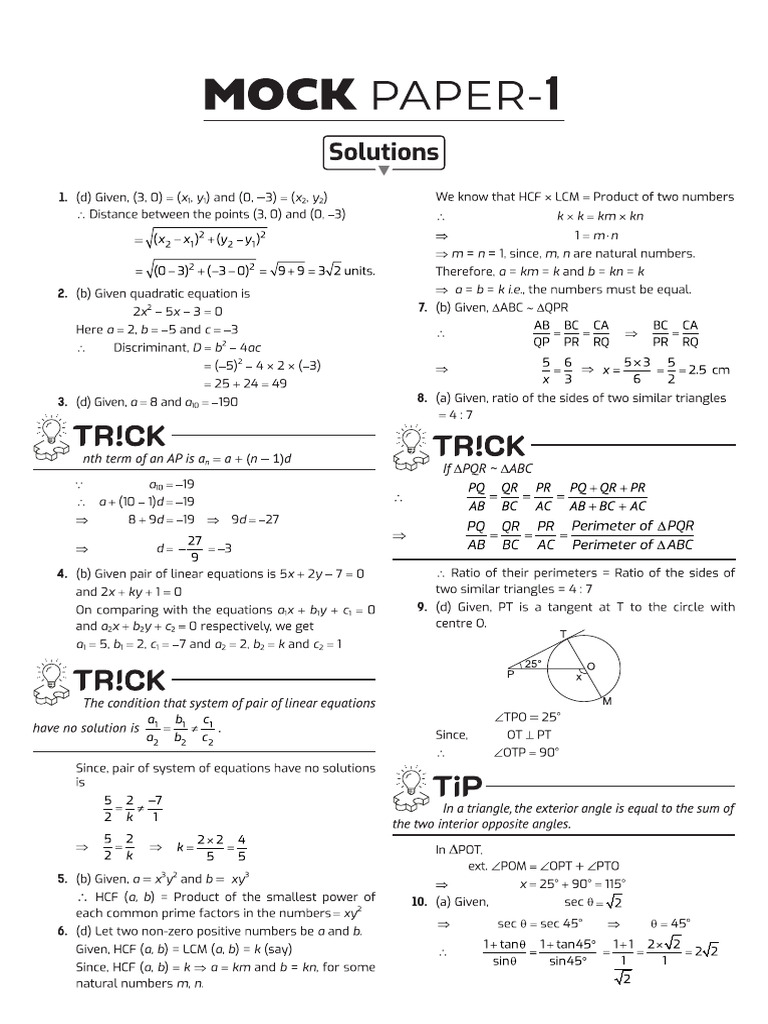 Maths Class 10 Basic Level Mock Paper Answers | PDF
