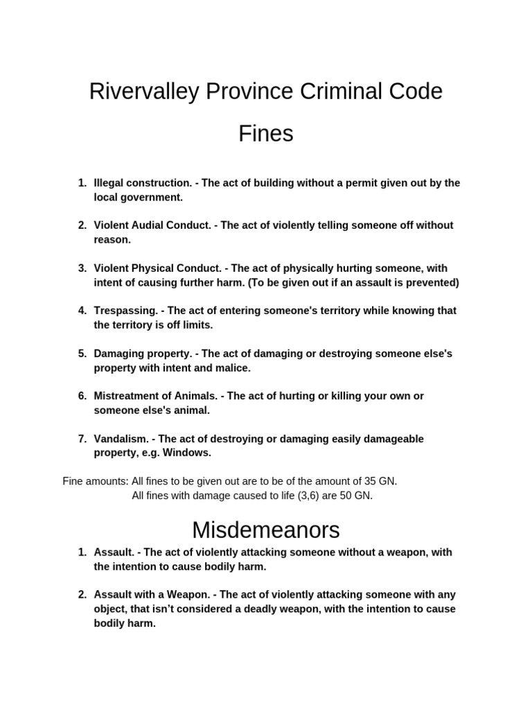 Rivervalley Criminal Code Overview | PDF | Assault | Murder