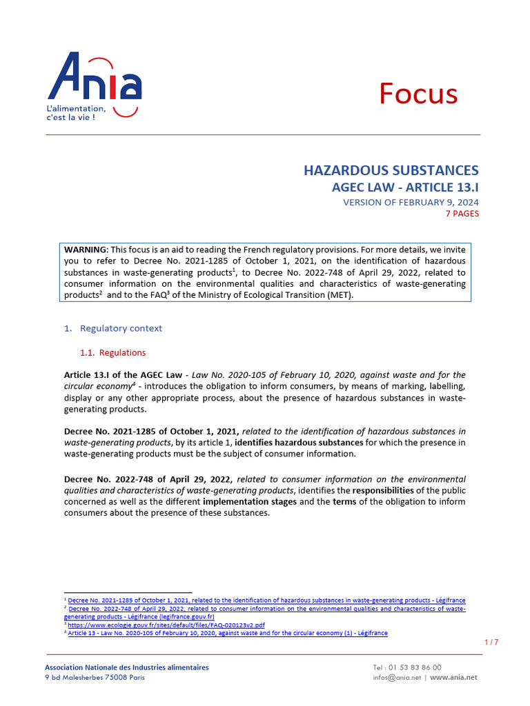 Focus ANIA 2024-0902 - Agec Law Art 13.I Hazardous Substances | PDF ...