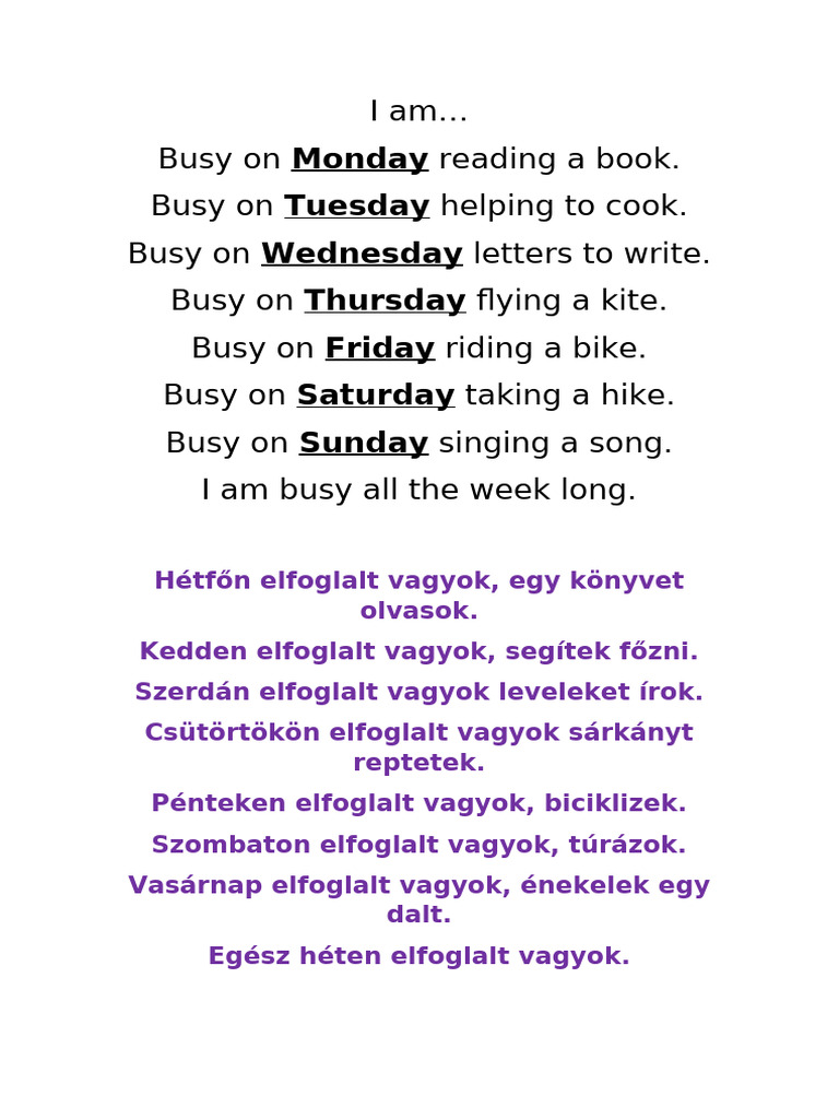 Hét Napjai Mondóka | PDF