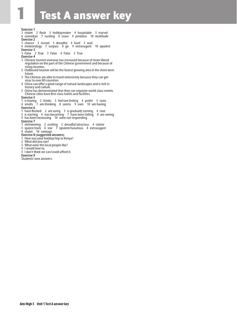 Aim High 5 Unit 1 Test A Answers | PDF | Travel | Cooking, Food & Wine