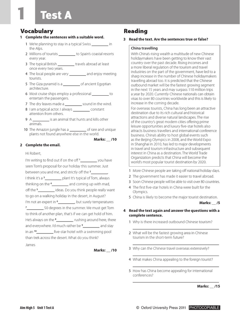 Aim High 5 Unit 1 Test A | PDF | Tourism | China