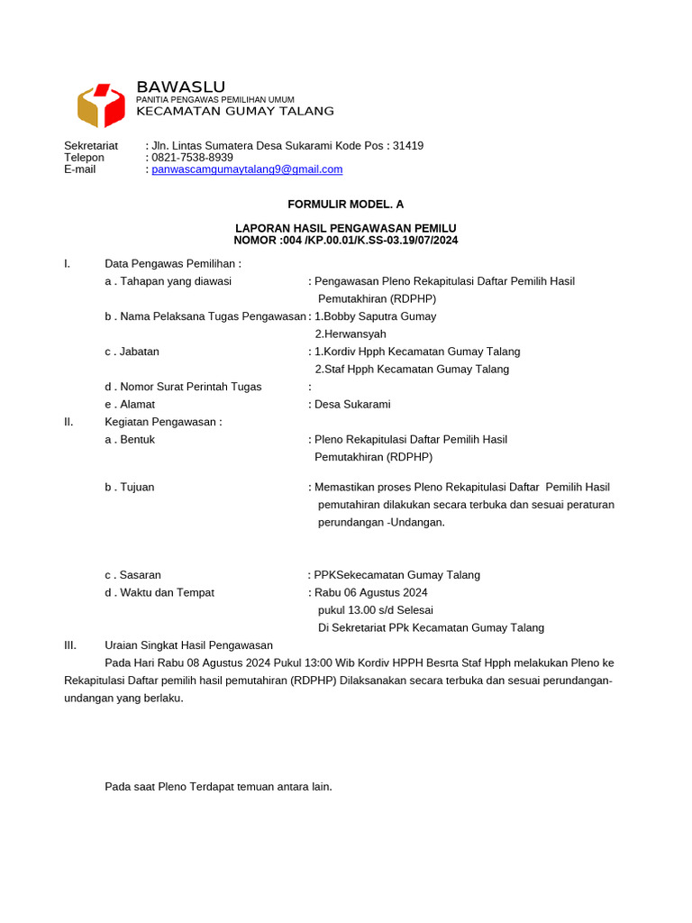 Form A Kecamatan Gumay Talang 4 | PDF