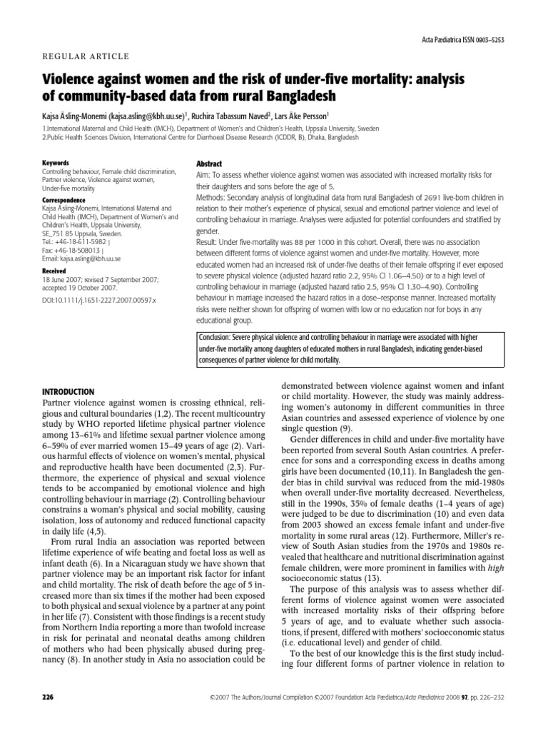 Violence Against Women and The Risk of Under-Five Mortality: Analysis ...