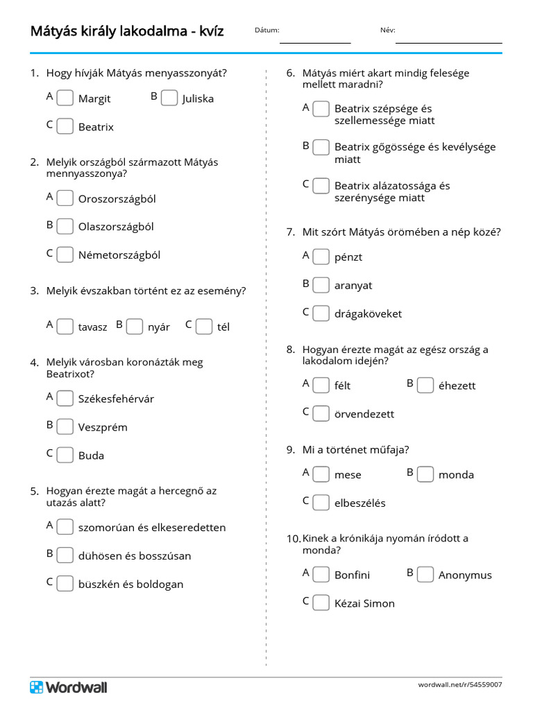 Mátyás Király Lakodalma Kvíz | PDF