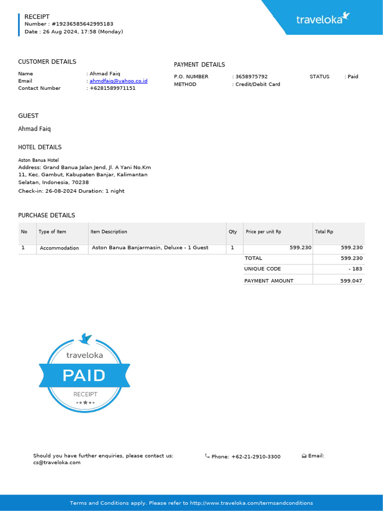 Hotel Receipt: Aston Banua Stay | PDF