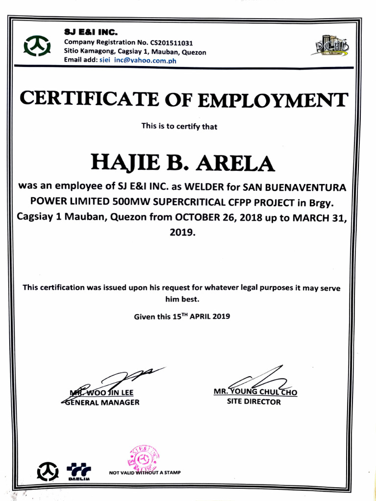 Certificate of Employment for Hajie Arela | PDF