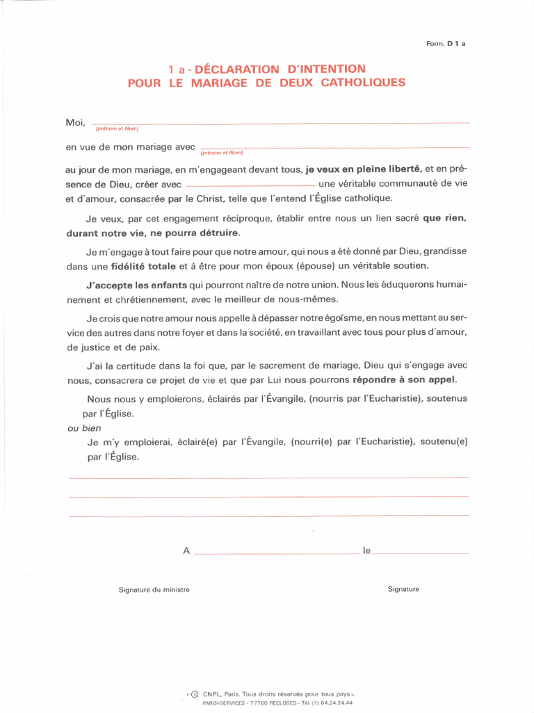 1a Declaration D Intention Pour Le Mariage de Deux Catholiques | PDF