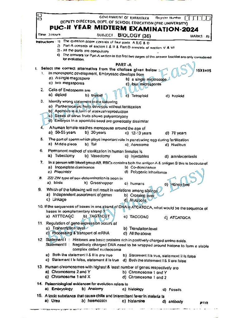 2PU Bio Chikkodi - Midterm Exam-2024 QP-1 | PDF 2PU Bio Chikkodi - Midterm Exam-2024 QP-1 | PDF