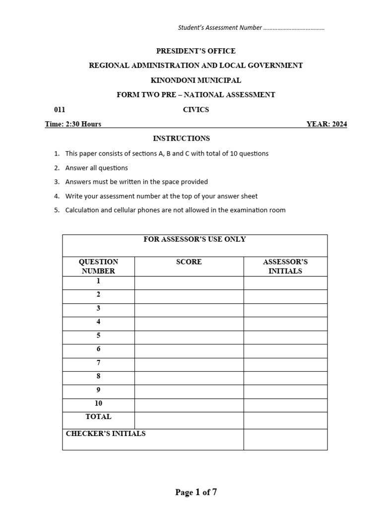 Form Two Civics Pre-National Assessment | PDF | Government | Justice