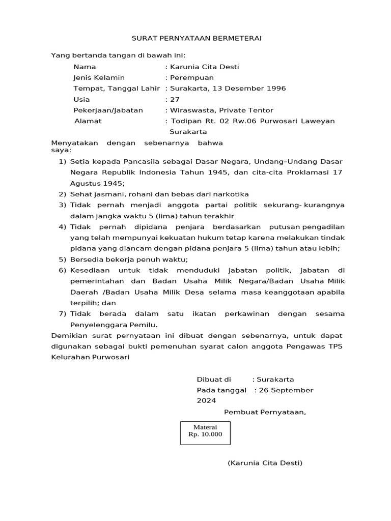 Surat Pernyataan Bermaterai PTPS | PDF