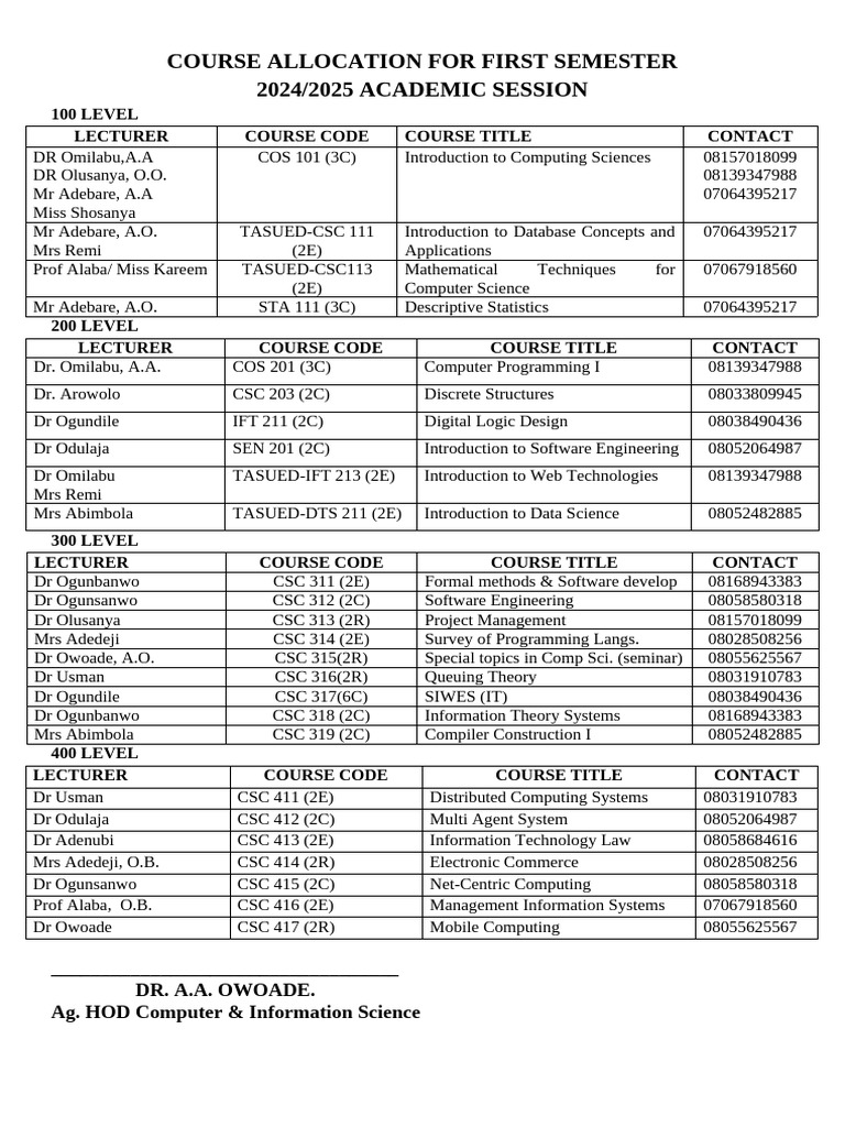 1ST Semester Course Allocation For 2024-2025 | PDF | Computing ...