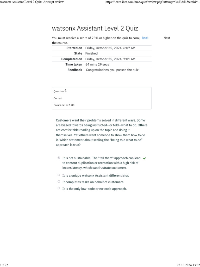 Watsonx Assistant Level 2 Quiz - Attempt Review | PDF | Cloud Computing | Information Technology