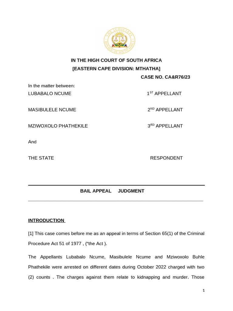 S V Ncume and Others (Bail Application) (CAR7623) 2023 ZAECMHC 63 (1 ...