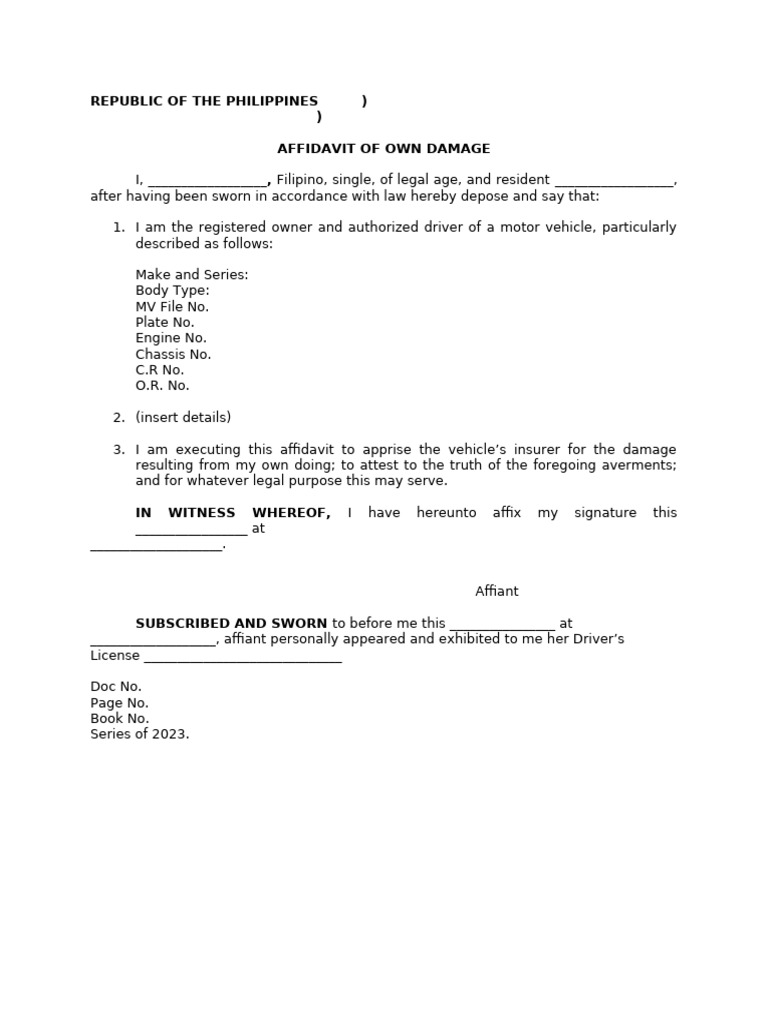 Affidavit of Own Damage Template | PDF | Law
