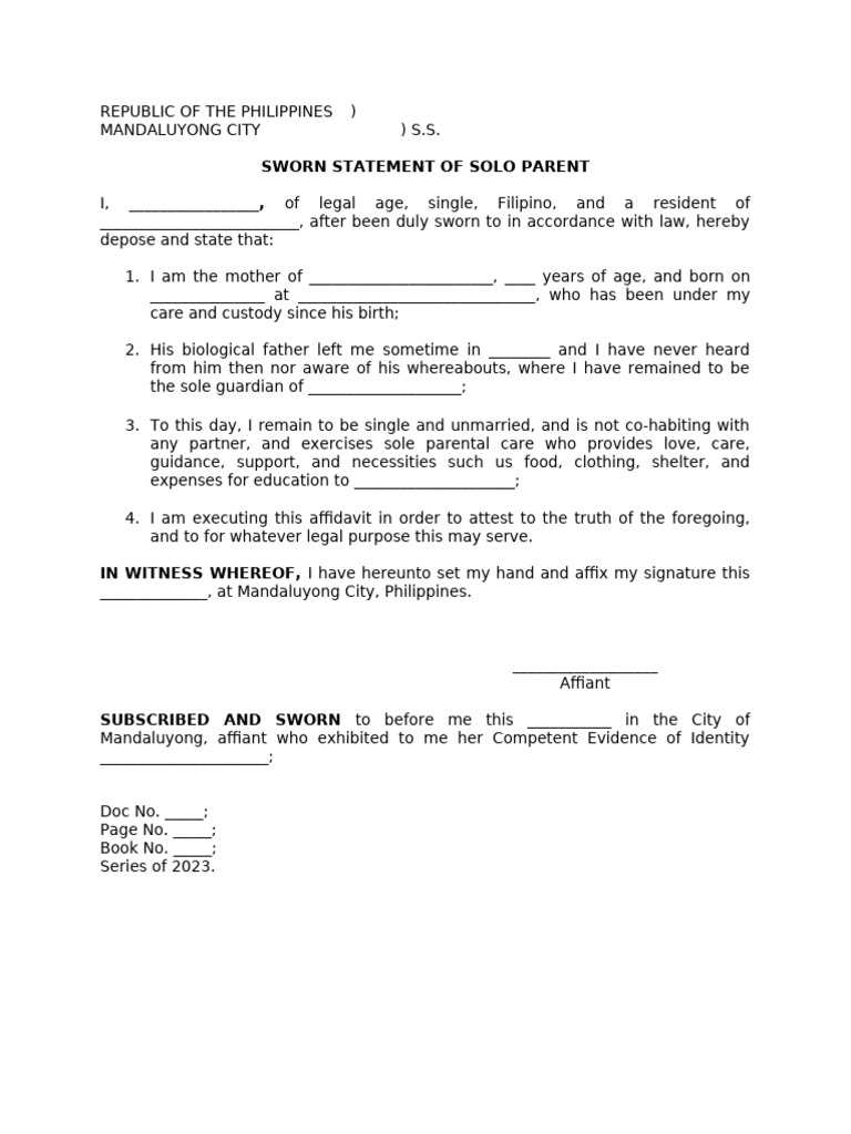Sworn Statement of Solo Parent Template | PDF