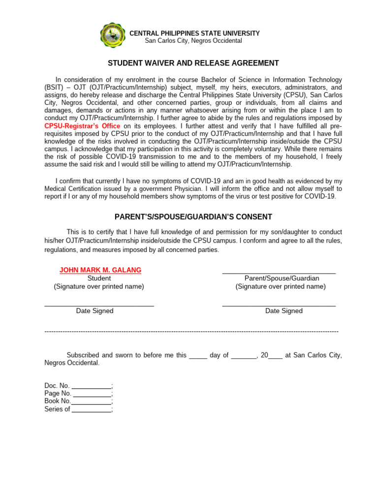 Form 01 Student Waiver Parents Consent Updated | PDF