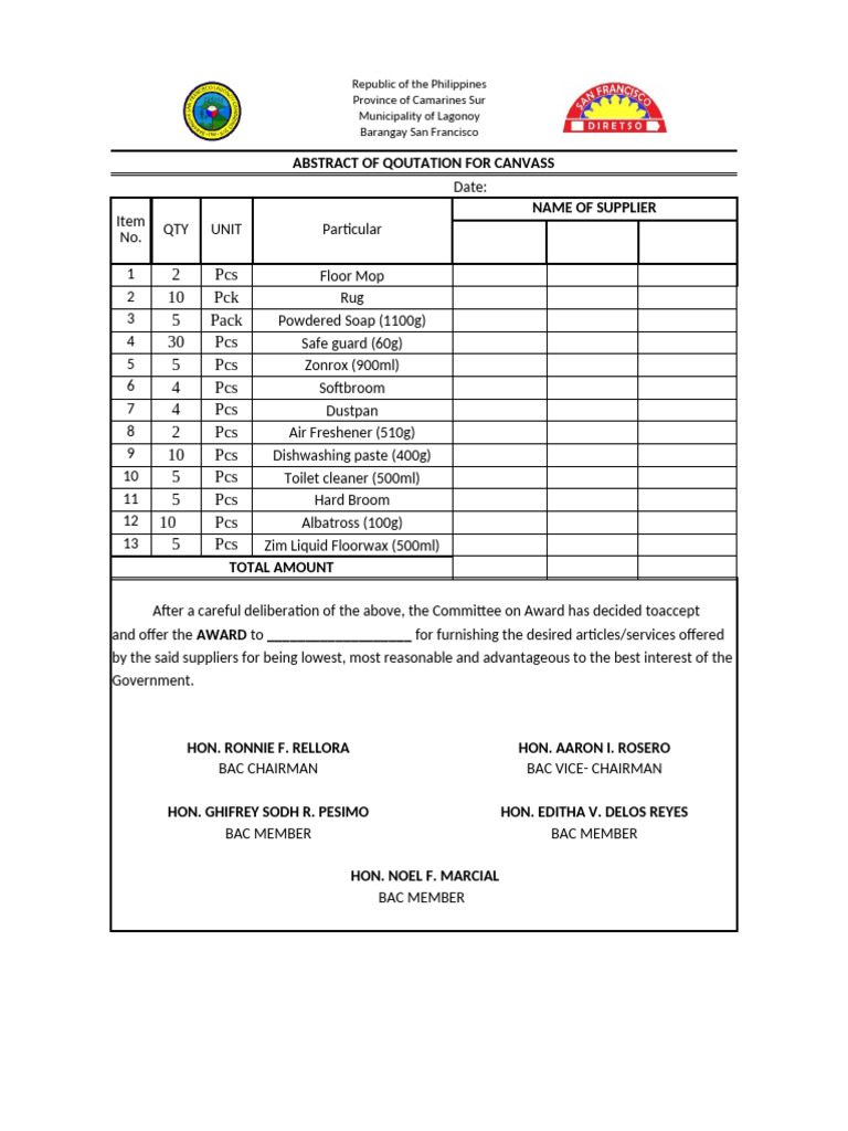 Barangay San Francisco Supply Quotation | PDF