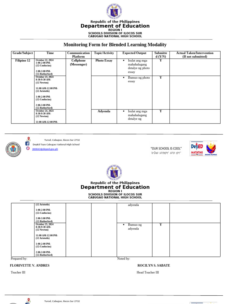 Monitoring Form For Blended Learning Modality | PDF | Philippines