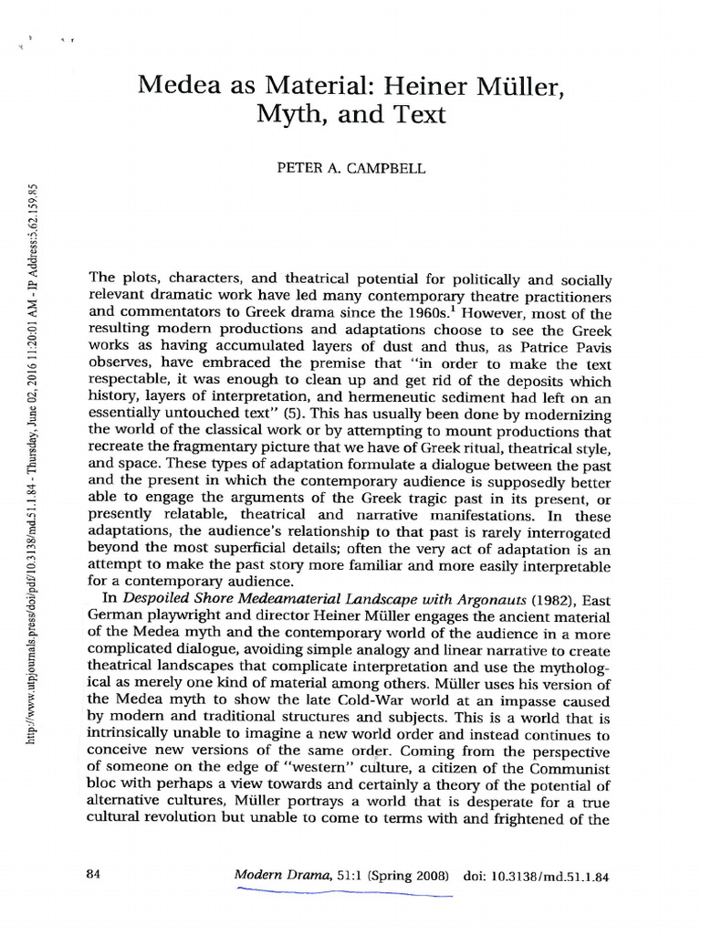 Medea As Material - Heiner Muller, Myth and Text | PDF
