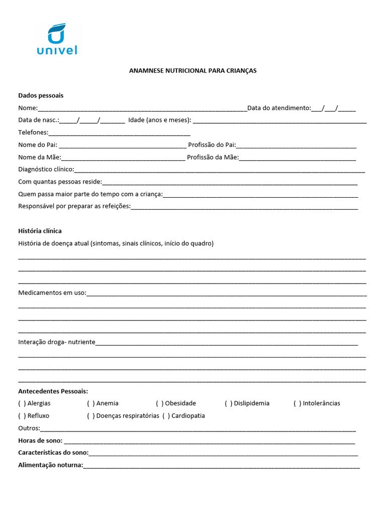 Anamnese Crianças - 1a Consulta | PDF | Especialidades médicas ...