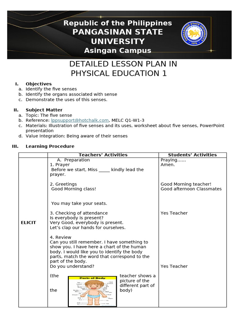 Pe1 Lesson - Plan | PDF | Senses | Taste