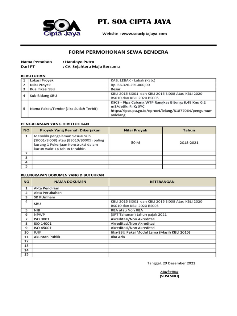 CONTOH-ISI-FORM-SEWA BENDERA | PDF