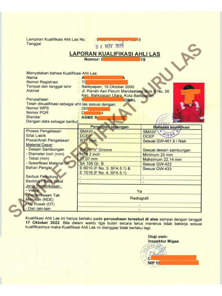 Contoh Sertifikat Welder | PDF