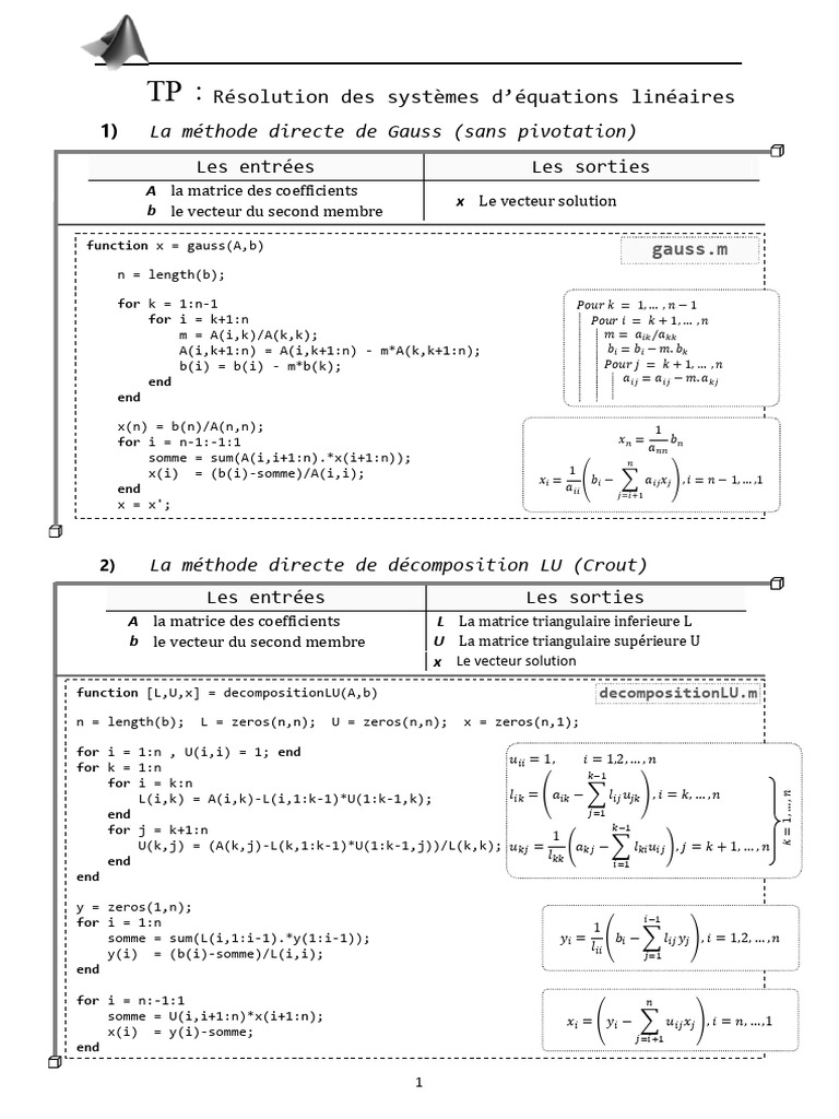 Résolution de systèmes linéaires en MATLAB | PDF | Matrice ...