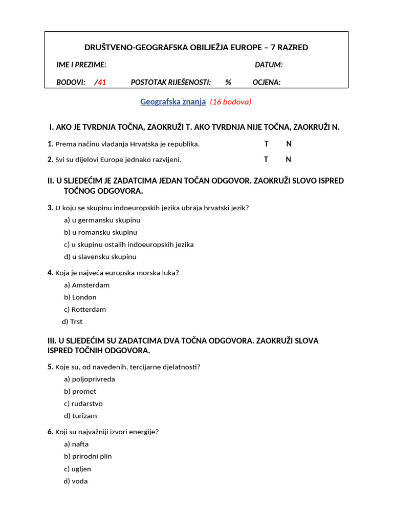 Društveno-Geografska Obilježja Europe - 7 Razred | PDF