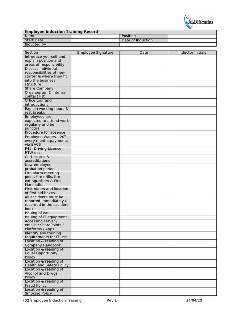 F02 Employee Induction Training Record | PDF | Career & Growth