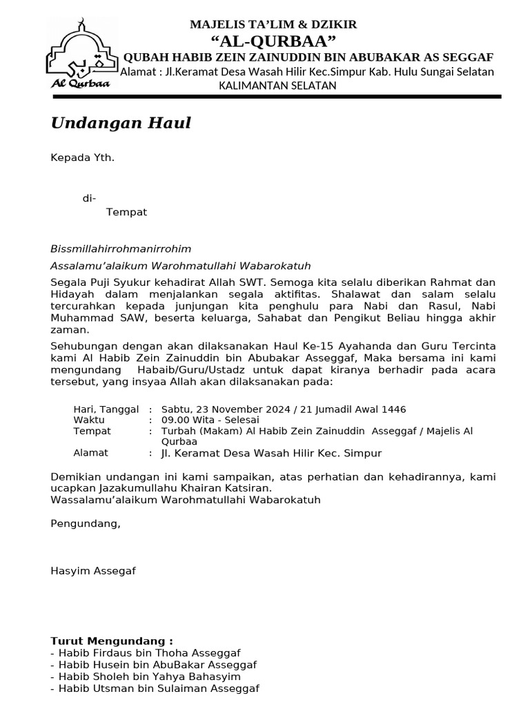 Undangan Haul Ke-15 Al Habib Zein | PDF