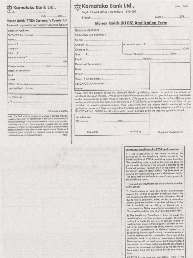 Karnataka Bank LTD NEFT-RTGS Application | PDF