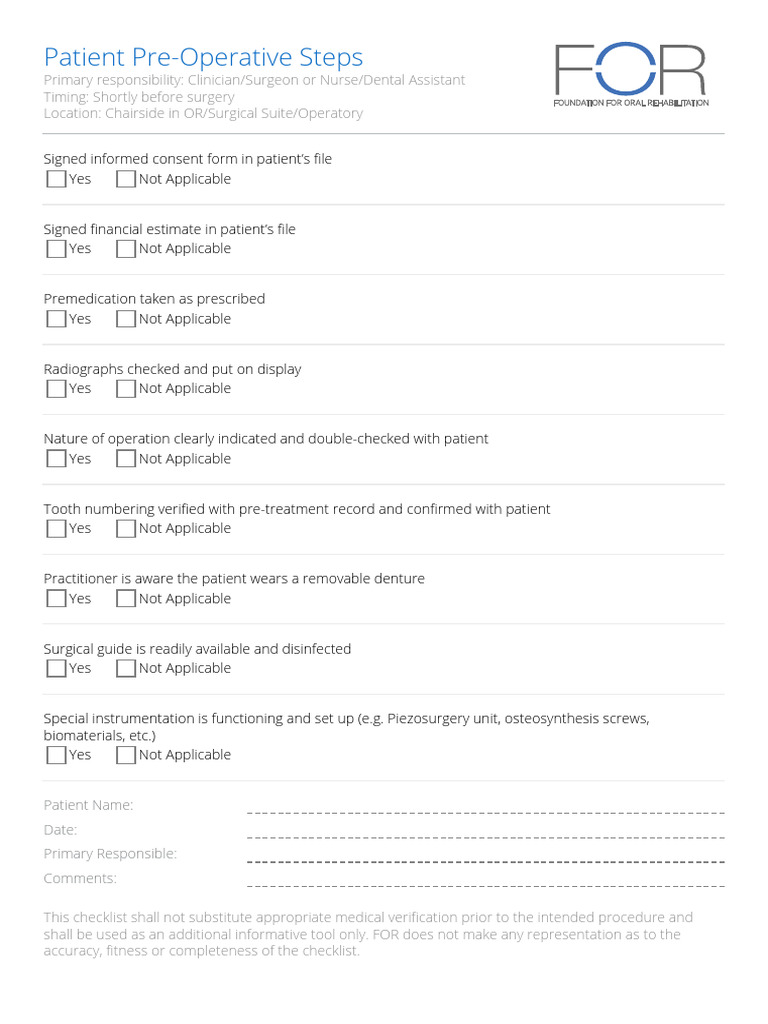For Safety Checklist Patient Pre Operative Steps | PDF | Surgery | Patient