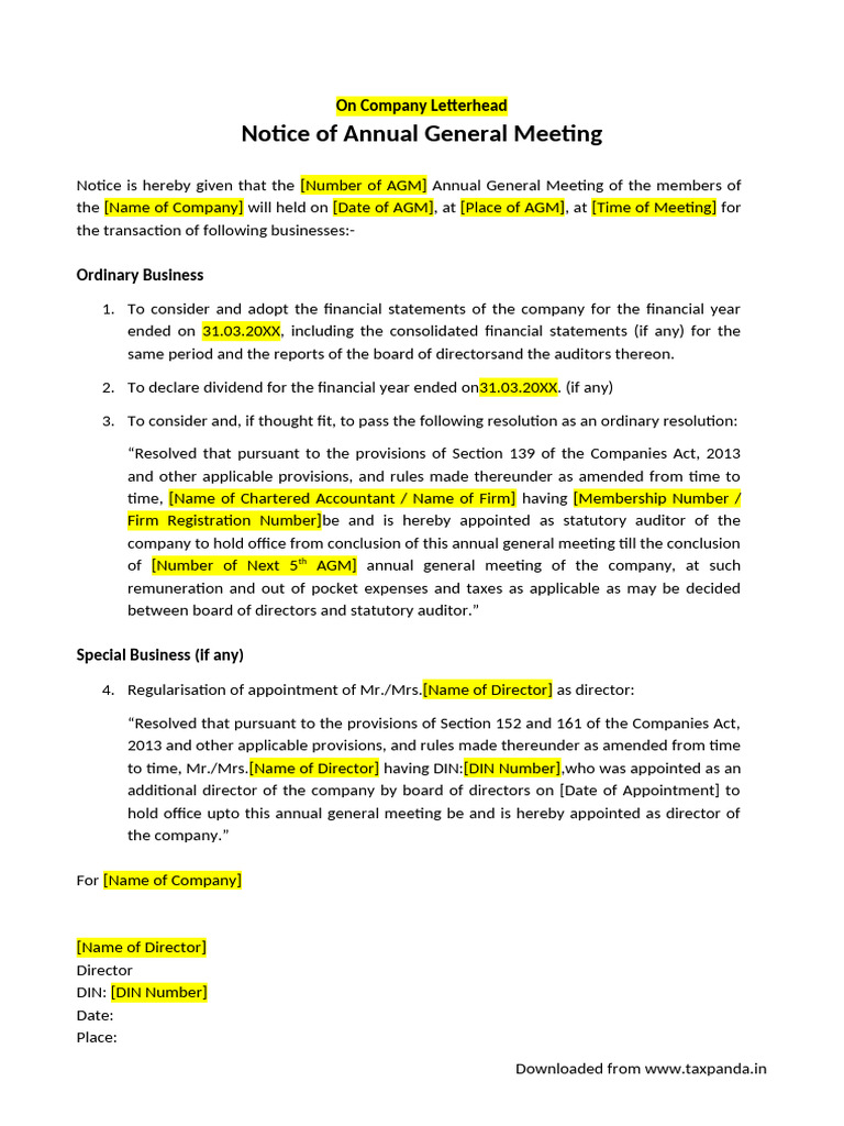 AGM Notice Template for Private Company | PDF | Government | Business