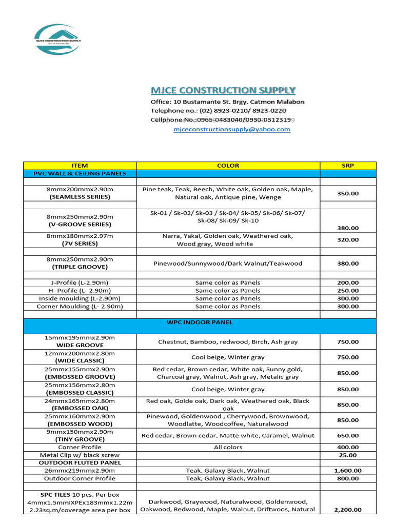 Construction Supply Price List | PDF | Drywall | Building Materials