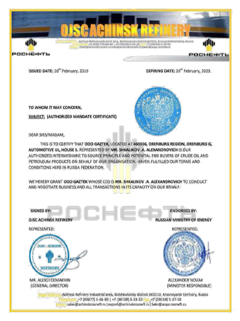 Authorized Mandate Certificate (Ooo Gaztek) | PDF
