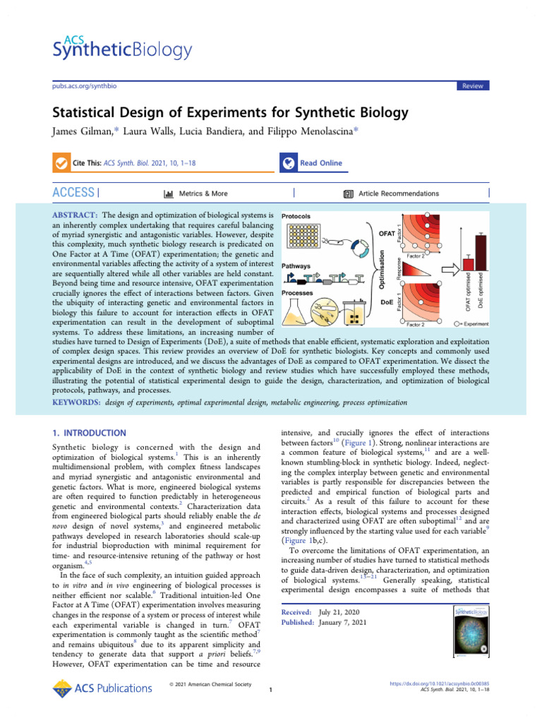 Statistical Design of Experiments For Synthetic Biology | PDF | Experiment | Statistics