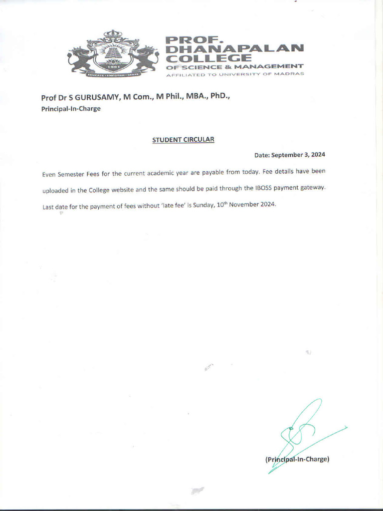 Even Sem Fee Circular | PDF
