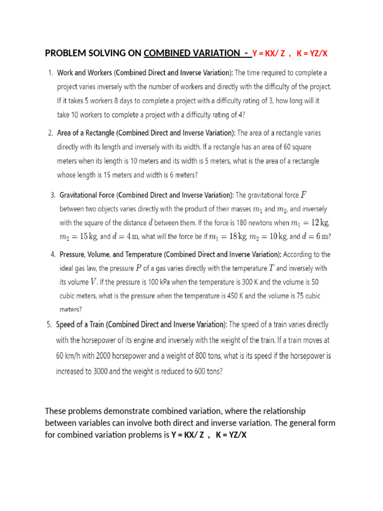Problem Solving On Combined Variation | PDF | Finance & Money ...