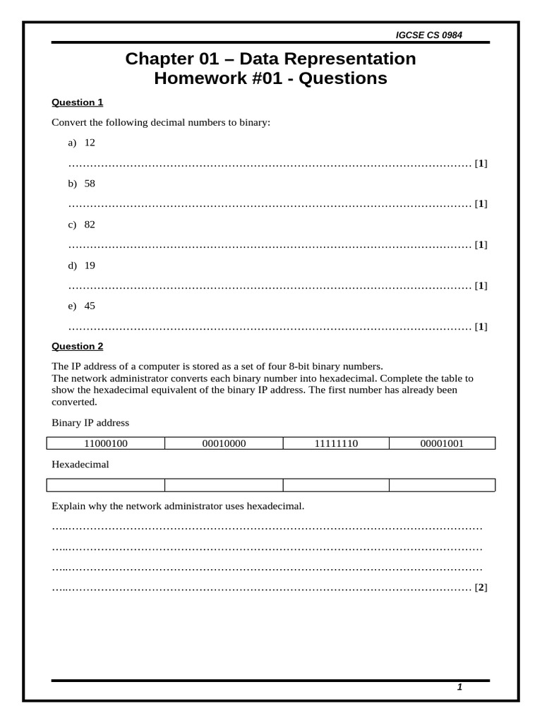 Chapter 01 - Data Representation Homework #01 - Questions: Igcse Cs 0984 | PDF | Data ...