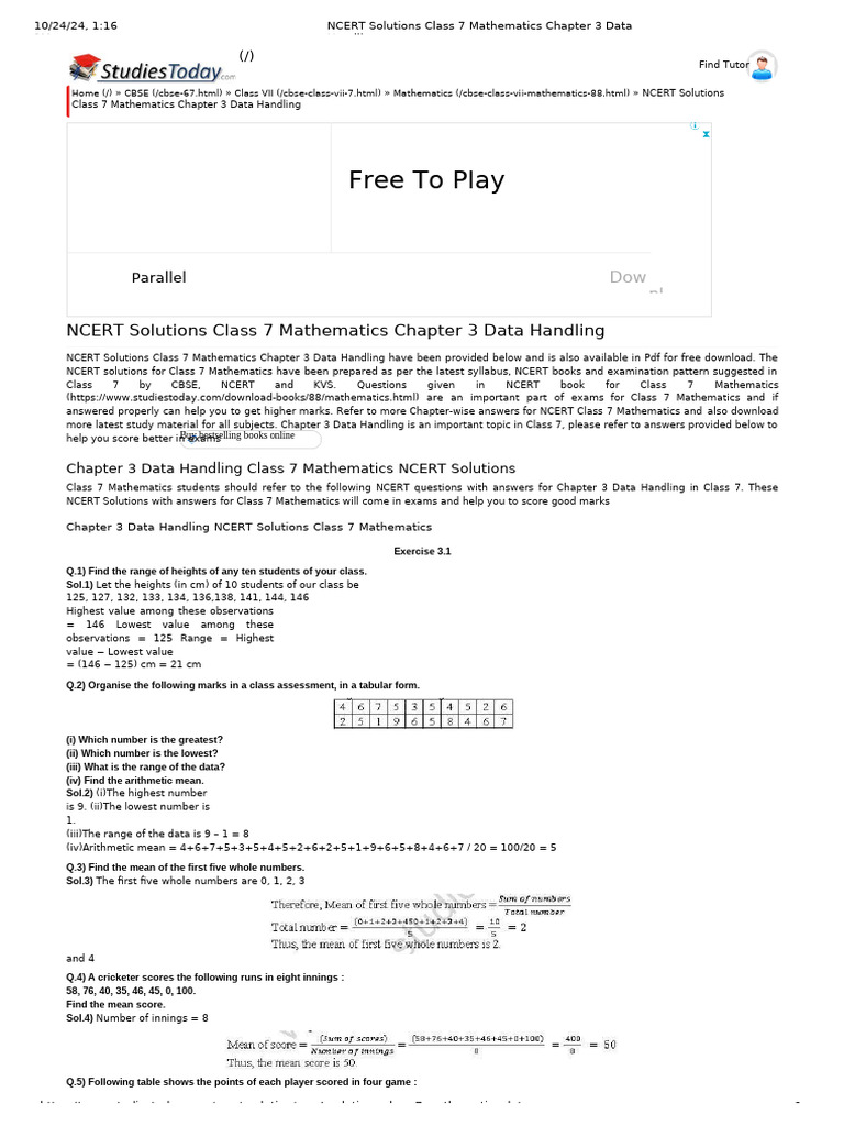NCERT Solutions Class 7 Mathematics Chapter 3 Data Handling | PDF | Mode (Statistics) | Mean
