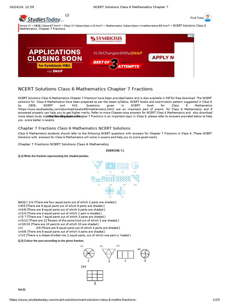 NCERT Solutions Class 6 Mathematics Chapter 7 Fractions | PDF ...