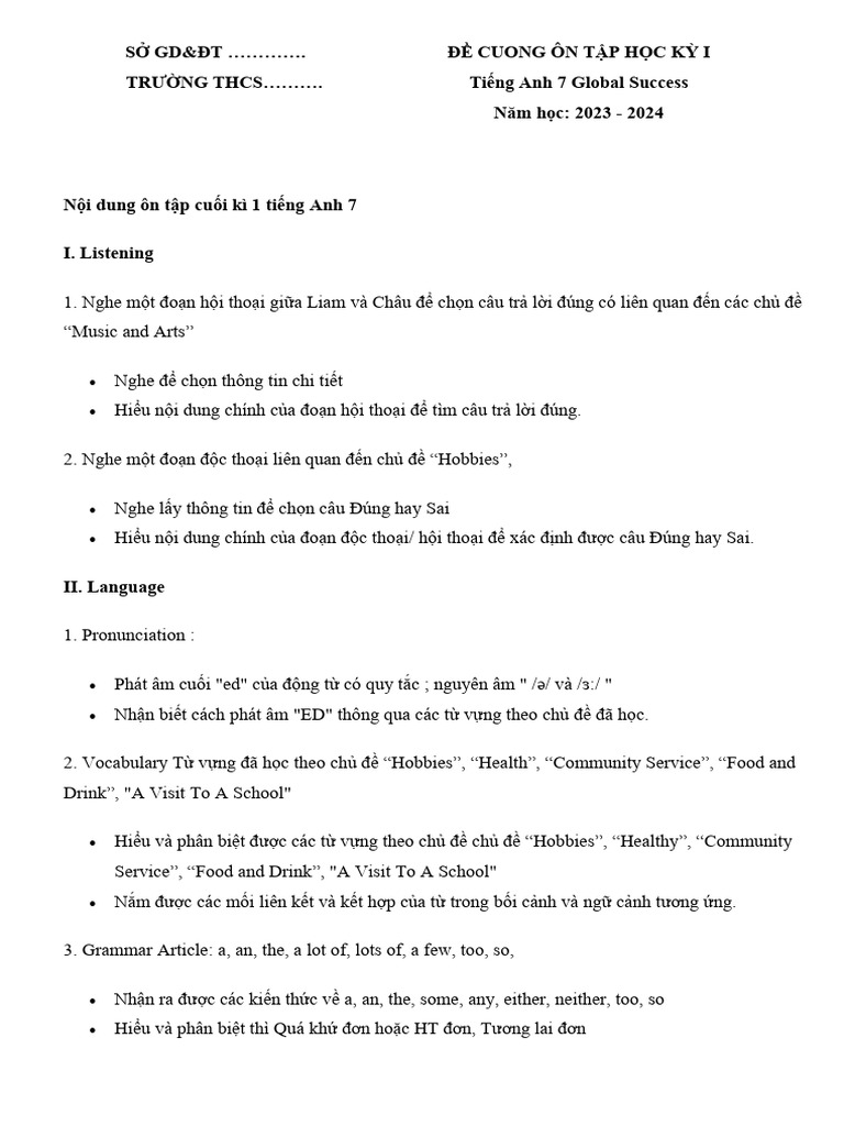 De Cuong On Tap Hoc Ki 1 Mon Tieng Anh 7 Global Success | PDF | Hobbies